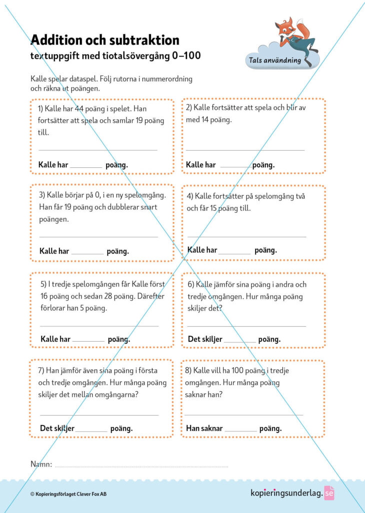 Paket – addition och subtraktion, 11 stycken övningsblad för årskurs 1–3