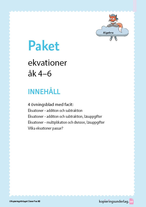 Paket - ekvationer, 4 stycken arbetsblad för årskurs 4-6